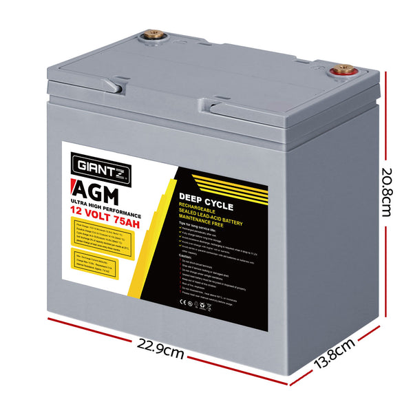 Giantz AGM Deep Cycle Battery 12V 75Ah x2 Box Portable Solar Caravan C ...